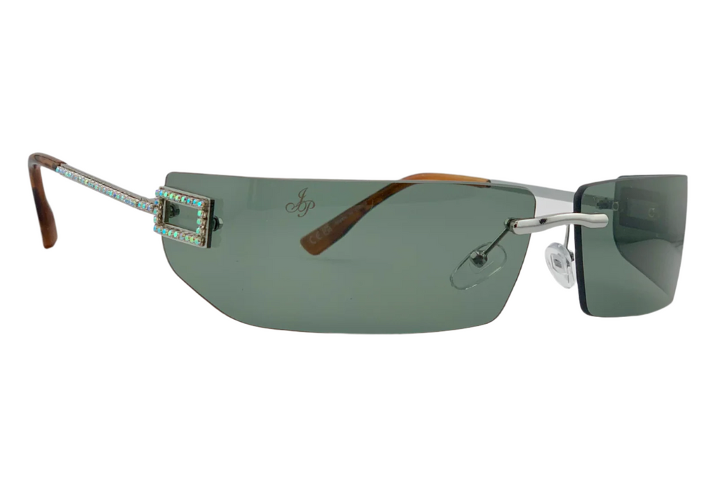 SILVER VISOR FRAME WITH DIAMANTE AND GREEN LENSES – Jeepers Peepers